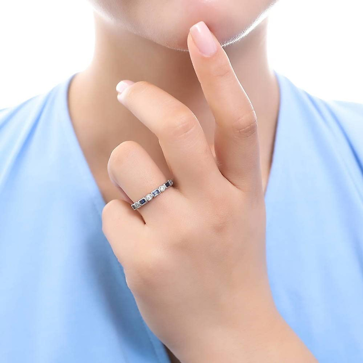 BERRICLE Sterling Silver Art Deco Wedding Rings Simulated Blue Sapphire Milgrain Bezel Set Cubic Zirconia CZ Anniversary Eternity Ring for Women, Rhodium Plated Size 5