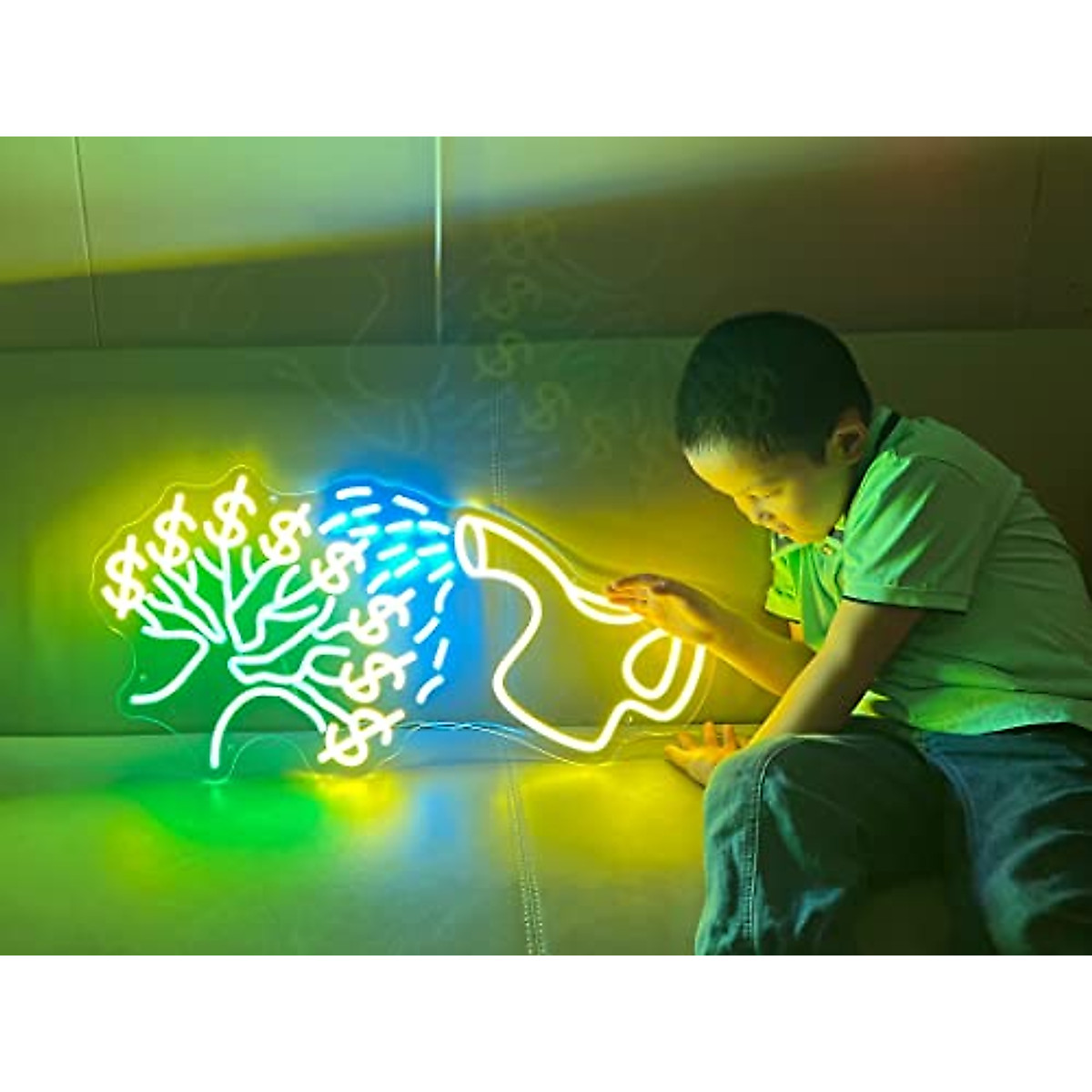 This is Money Tree LED Sign for Bedroom Wall, Large Neon Sign Wall Home Decor Suitable for Home, Bar, Studio, Club, or Restaurant Decor Green-ice Blue-Yellow
