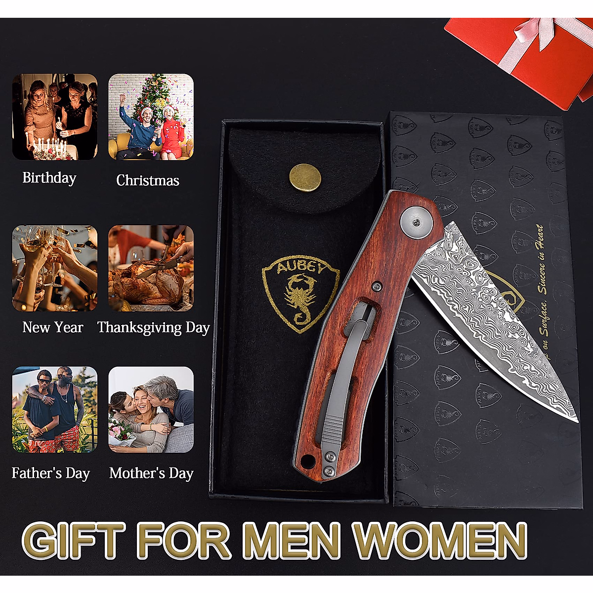 AUBEY Damascus Folding Pocket Knife Handmade with Clip for Men, Damascus Hunting Knife EDC Knife with Liner Lock for Outdoor Survival Camping Collection, Wooden Handle