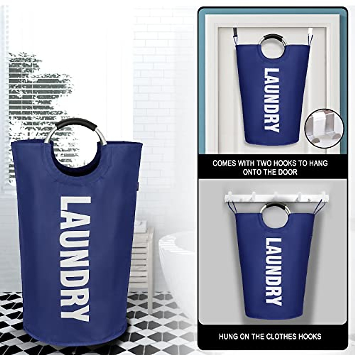 Nachell 90L Large Laundry Basket Clothes Hamper,Collapsible Freestading Laundry Bag with Padded Handles and 2 Hooks for Hanging Over the Door of Bathroom,Bedroom,Dorm,Dark Blue