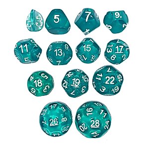 Impact! Miniatures Translucent Teal - Weird RPG Poly Dice Set - D3, D5, D7, D9, D11, D13, D15, D17, D18, D19, D22, D26 & D28