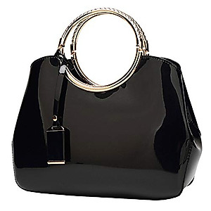 Rullar Women Elegant Handbag and Purse Top Handle Bag Patent Leather Tote Satchel Shoulder Clutch Crossbody Bag with Pendant Black