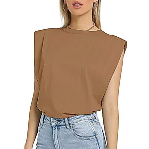 MISSACTIVER Women Summer Loose Slim Tank Top Solid Cotton Sleeveless Vest Round Neck Cami Shoulder Pads T-Shirts (Medium, Khaki)