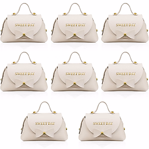 8 pack Exquisite Leather Bowknot Handbag Treat Boxes Gift Boxes with Handle, 5"x3.5" Reusable Wedding Party Favor Boxes Small Size Candy Gift Bags with Bow for Baby Showers Birthday Christmas Party