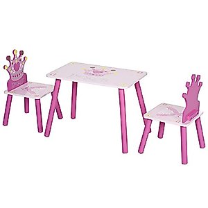 Qaba 3-Piece Kids Wooden Table and Chair Set with Crown Pattern Gift for Girls Toddlers Arts Reading Writing Age 2-4 Years Pink