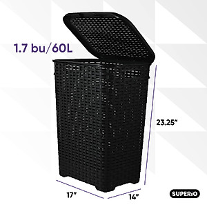 Laundry Hamper Basket With Lid 60 Liter - Deluxe Wicker Style White Color - 1.70 Bushel Bin With Cutout Handles To Storage Dirty Cloths in Washroom Bathroom, Or Bedroom. By Superio