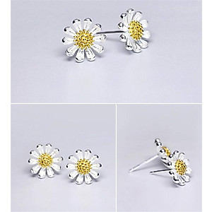 Daisy Earrings Stud for Women Teen Girls S925 Sterling Silver 14K White Yellow Gold Plated Pierced Ear Tiny Small Flower Leaf Stud Earrings Post Pin Hypoallergenic Jewelry (9.5mm)