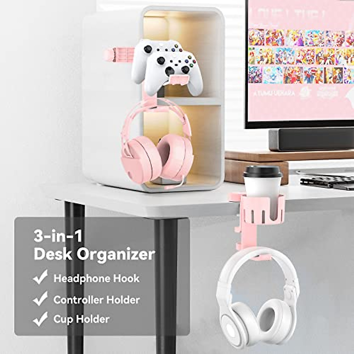 KDD Rotatable Headphone Hanger - 3 in 1 Under Desk Clamp Controller Stand Replaceable Cup Holder - Compatible with Universal Headset, Controller, Cup(Pink)