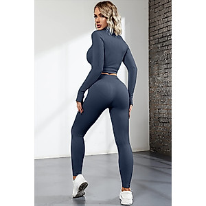 QINSEN Workout Sets for Women 2 Piece Seamless Long Sleeve Crop Tops Ribbed High Waist Leggings (M, Y118 Dark Blue)