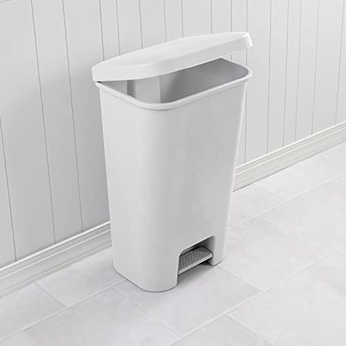 Sterilite 11.9 Gallon Trash Can with Lid, Step-on White Kitchen Garbage Can for Bathroom, Bedroom, Home, and Outdoor, Wholesalehome Cleaning Cloth Included