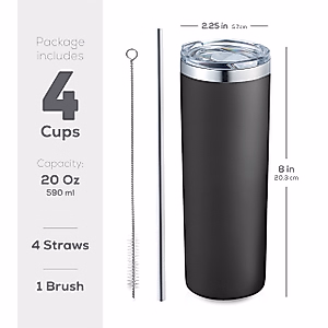FineDine Insulated Skinny Stainless Steel Tumbler Set - 4-Pack 20oz Tumbler with Straw - Travel Coffee Mug With PBA Free Lids - Slim Vacuum Keep Hot & Cold - For Home, Office. (Inky Raven Black)