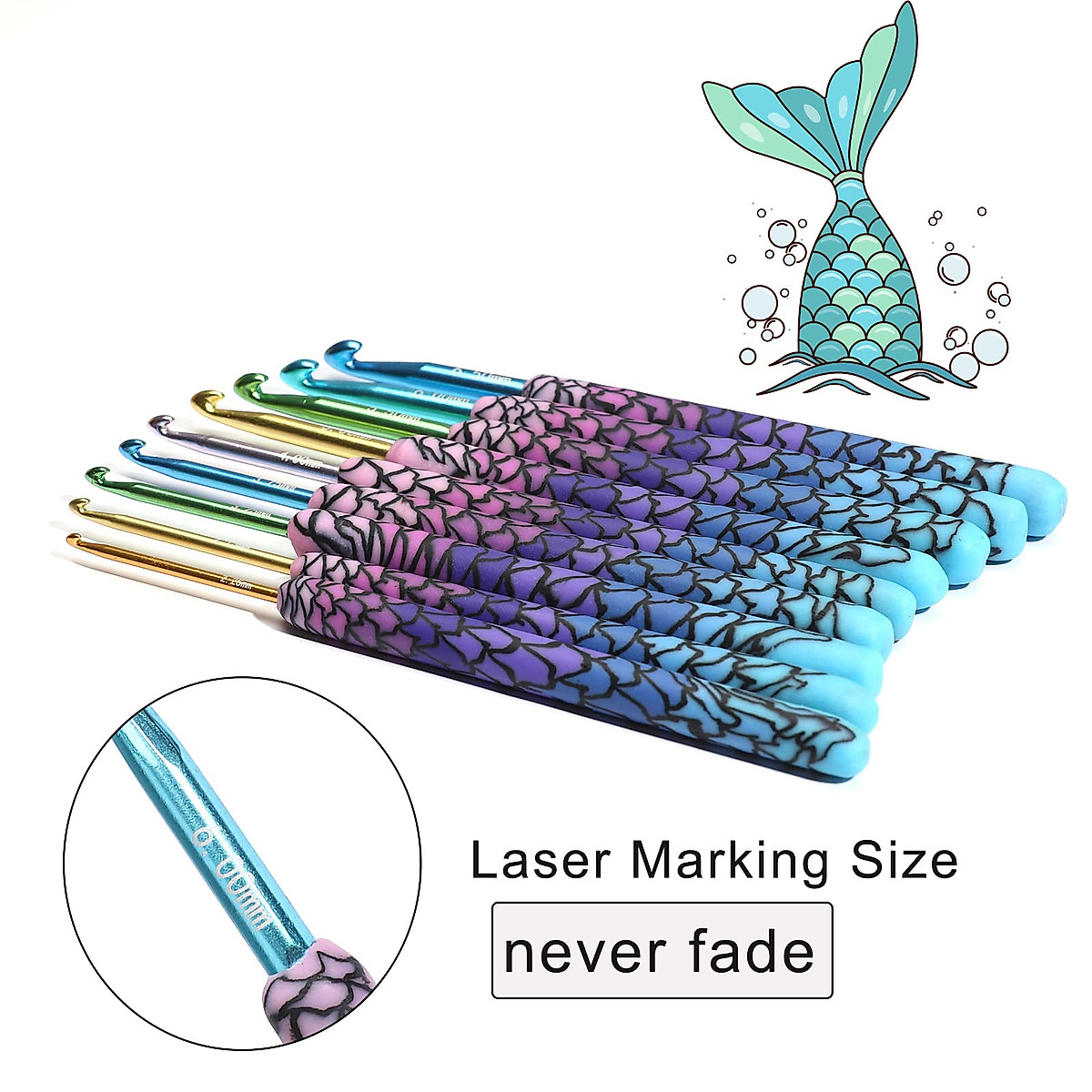 LOOEN 9pcs Magic Mermaid Crochet Hook Solft Warm Crochet Hook Kit Complete 2.0-6.0mm Aluminum Knitting Hook for Crochet Yarn Craft (Patent Pending) (Mermaid)