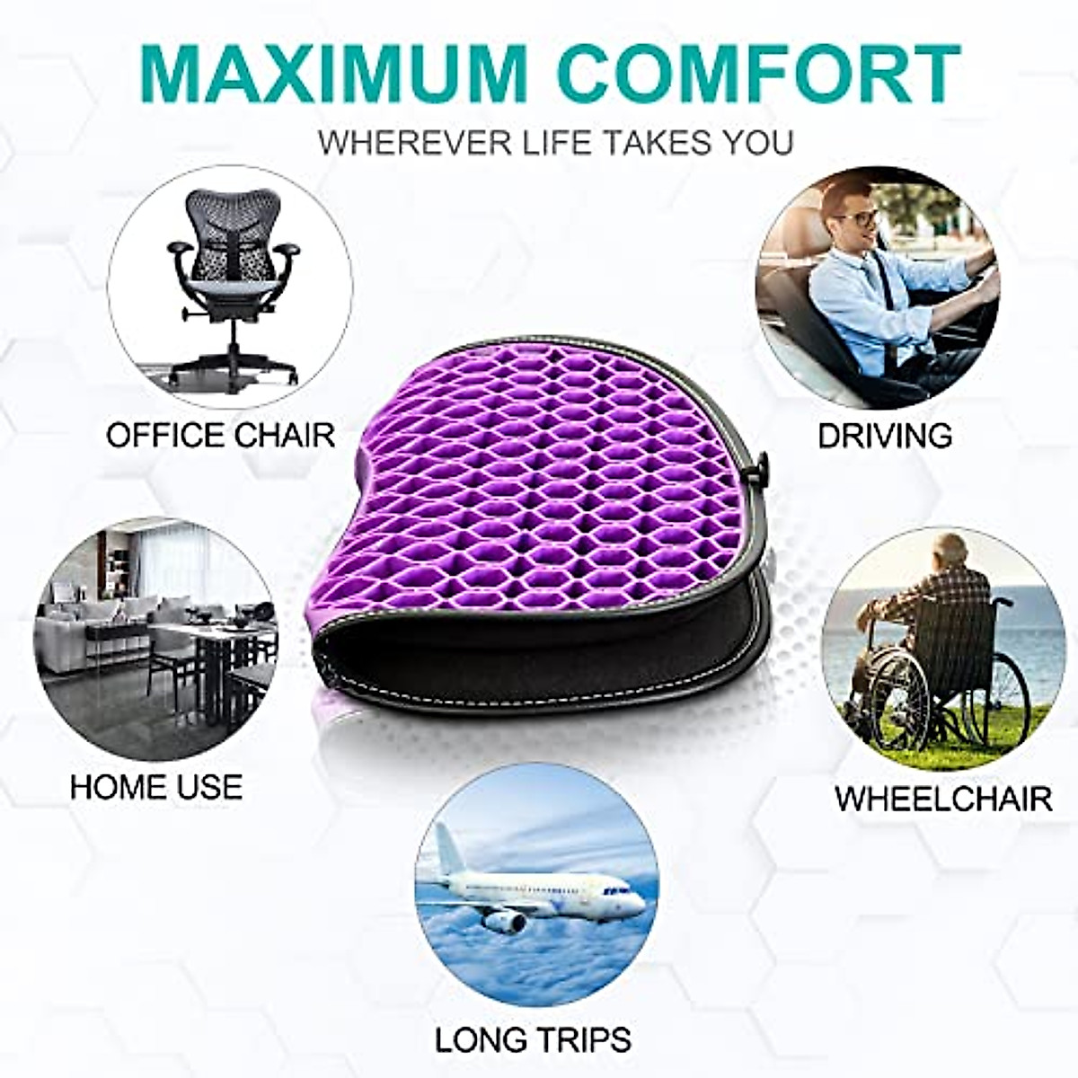 Muzsoul Gel Seat Cushions for Office Chairs Desk Chair Wheelchair Cushion - Tailbone Pain Relief Cushion Cool Breathable Without Sweating Non-Slip Cover Ergonomic Seat Cushion