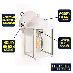 CORAMDEO Outdoor Square Coach Light for Porch, Patio, Deck, Barn, Wet Location, E26 Medium Base Socket, Durable Nickel Finish & Clear Glass
