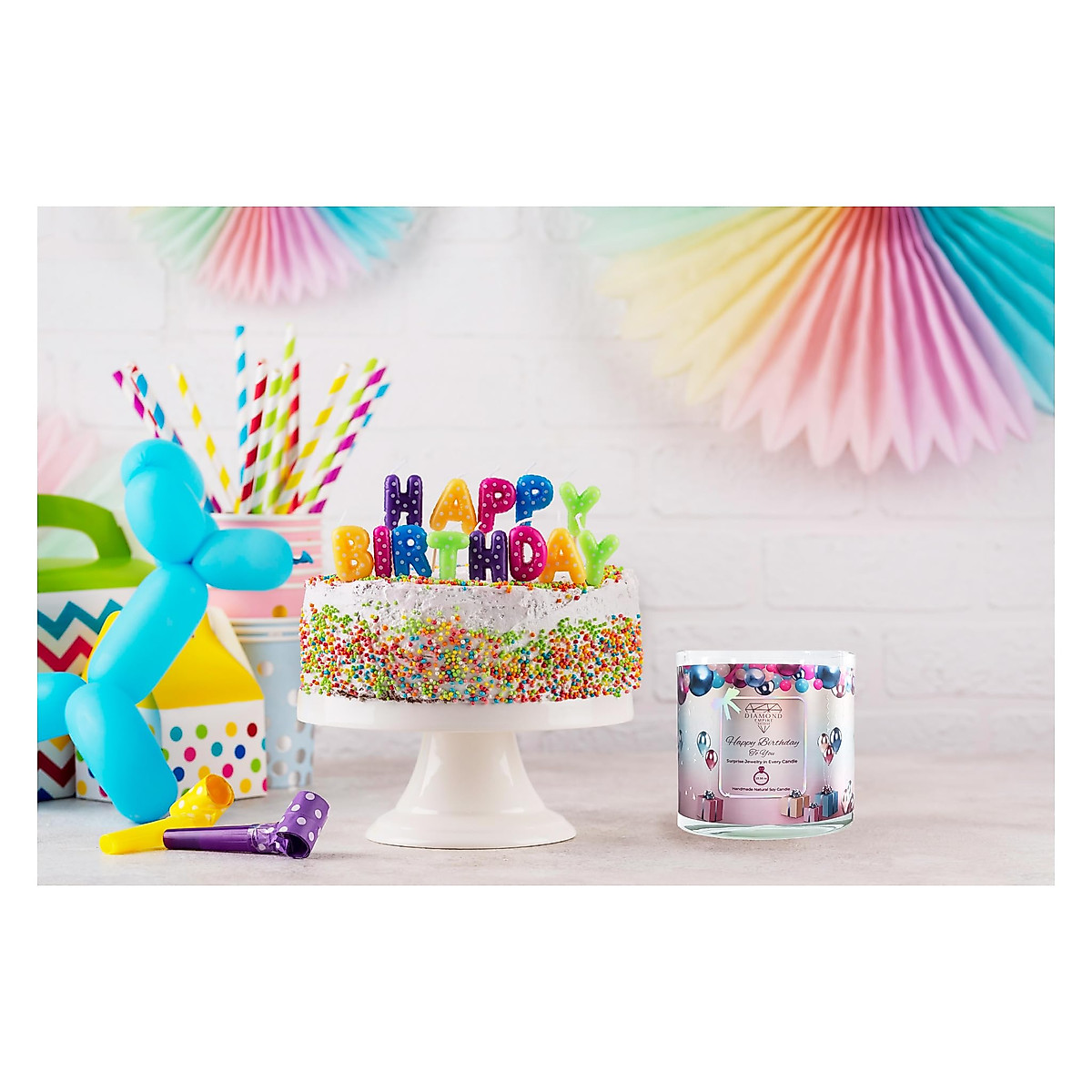 Diamond Empire Happy Birthday Candle with Surprise Jewelry Inside (Surprise Jewelry Valued up to $3,500) 2 Wick Candle (Burn up to 120 H) Ring Size 6