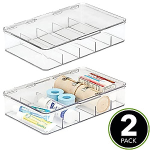mDesign Plastic Divided First Aid Storage Box Kit with Hinge Lid for Bathroom, Cabinet, Closet - Organize Medicine, Ointments, Adhesive Bandages - 5 Sections, Ligne Collection, 2 Pack - Clear