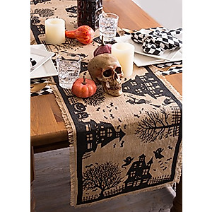 DII Halloween Primitive Style Burlap Tabletop Décor, Spooky Haunted House Jute, Table Runner, 14x74, Black & Tan