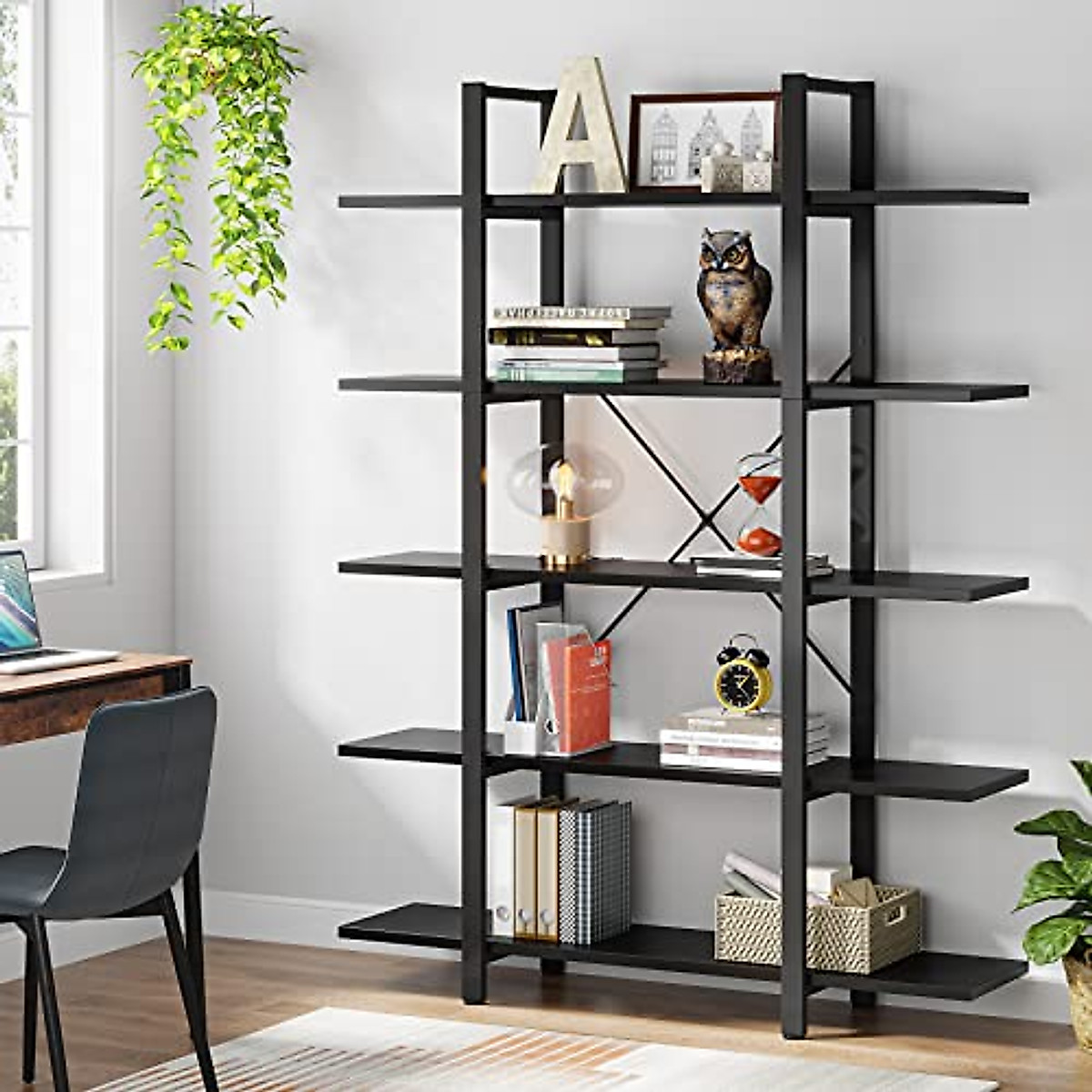 Tribesigns 5-Tier Bookshelf, Vintage Industrial Style Bookcase 72 H x 12 W x 47L Inches, Black