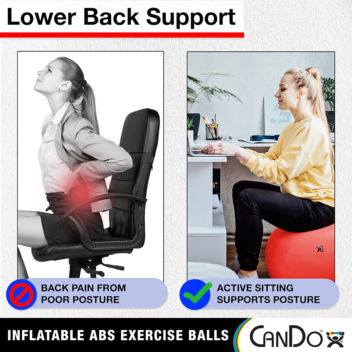 CanDo Inflatable Exercise Ball - Yellow 17.7", Durable Extra Thick Non-Slip Stability Ball for Core Workouts, Yoga, Pilates, Active Seating, Physical Therapy, Pregnancy, Home Gym, Flexibility