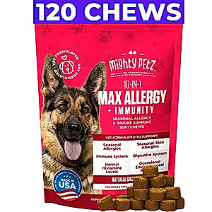 Mighty Petz MAX Dog Allergy Relief Chews - Itch Free Skin - Immune Supplement with Omega 3 Fish Oil + Probiotics + Colostrum. Skin & Coat Health + Digestion.120 Dog Allergy Chews for Pets