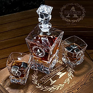 Personalized Whiskey Decanter and Stones Set - Customized Gift for Men, Dad, Father - Engraved Rocks Whiskey Decanter, 2 XL Glasses, 8 Whisky Cubes, 2 Coasters, Tongs, Pouch in Wooden Gift Box