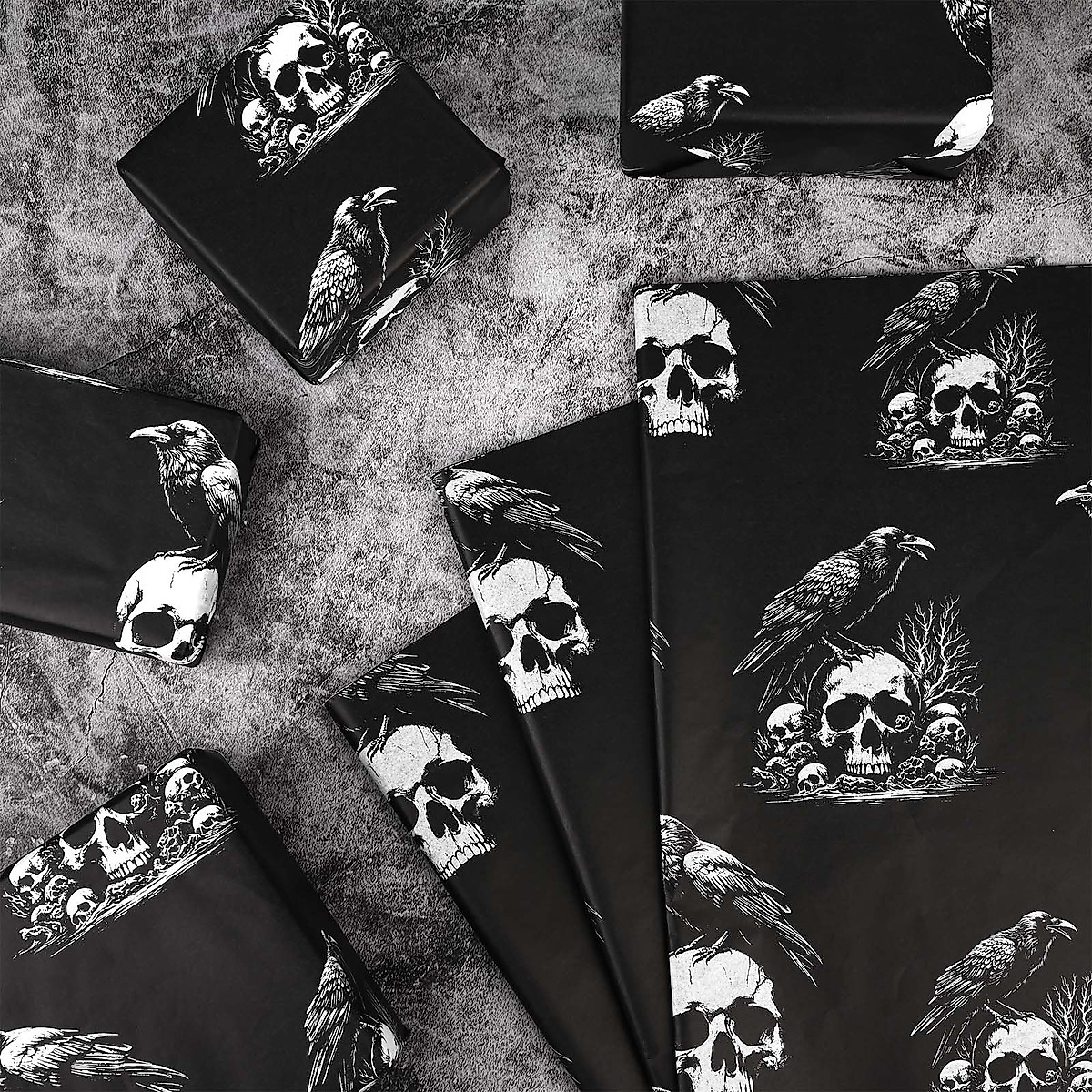 100 Sheets Halloween Tissue Paper for Gift Bags Black White Skull Raven Printed Tissue Paper Spooky Decorative Tissue for Gift Wrapping for Halloween Party DIY Craft, 13.7 x 19.6 Inch