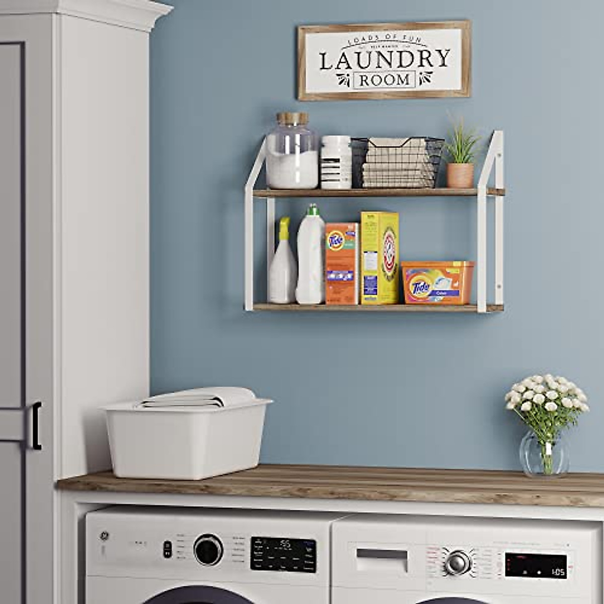 Wallniture Modena 2-Tier 24" Bathroom Organizer, Wall Shelves Kitchen Organization, Laundry Decor Book Shelves for Wall Living Room Burnt Finish, White Bracket