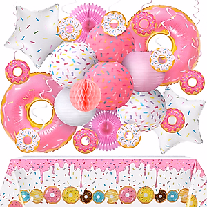 24 Pcs Donut Birthday Party Decorations, Donut Theme Table Cover, 8 Donut Paper Lanterns, Honeycomb Ball, 2 Party Paper Fans, 10 Donut Hanging Swirl, 4 Donut Balloons Garland for Baby Shower Party
