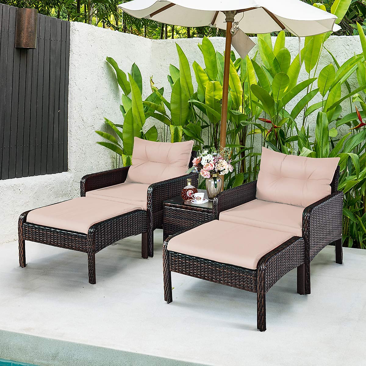 Tangkula Wicker Furniture Set 5 Pieces PE Wicker Rattan Outdoor All Weather Cushioned Sofas and Ottoman Set Lawn Pool Balcony Conversation Set Chat Set
