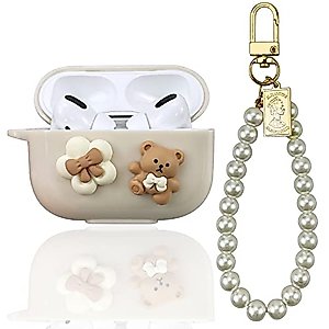 AIIEKZ Cute Kawaii AirPods Pro Case Cover, Lovely Flower Bear Design Smooth Soft Protective Cover for AirPod Pro Case with Pearl Chain for Girls Women (Airpods Pro)