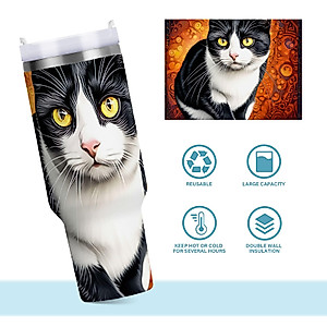ODAWA 40 Oz Black White Cat Insulated Tumbler Cup with Handle and Straw, Stainless Steel Vacuum Insulated Tumbler