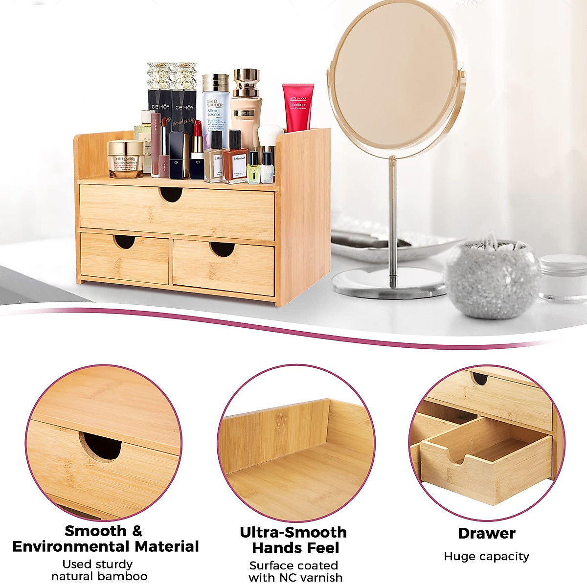 TOLONAG Large Bamboo Makeup Organizer with 1 Drawer and 2 Smaller Drawers, 100+1 Uses, Durable and Smooth