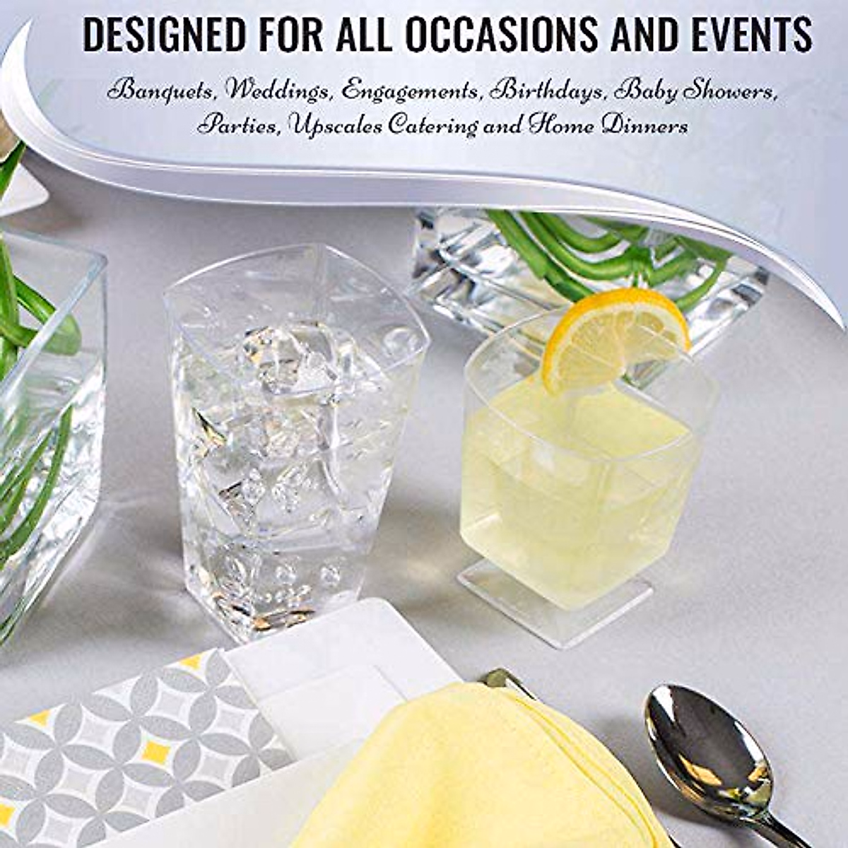 Kaya Clear Square Plastic Cups - 8 oz. (Pack of 14) - Versatile & Elegant Design, Perfect for Parties, Gatherings & Everyday Use