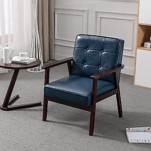 Okeysen Mid Century Modern Accent Chairs, Retro Wood and Leather Armchairs Side Chair, Lounge Reading Comfy Arm Chair for Living Room, Bedroom, Office (Blue)