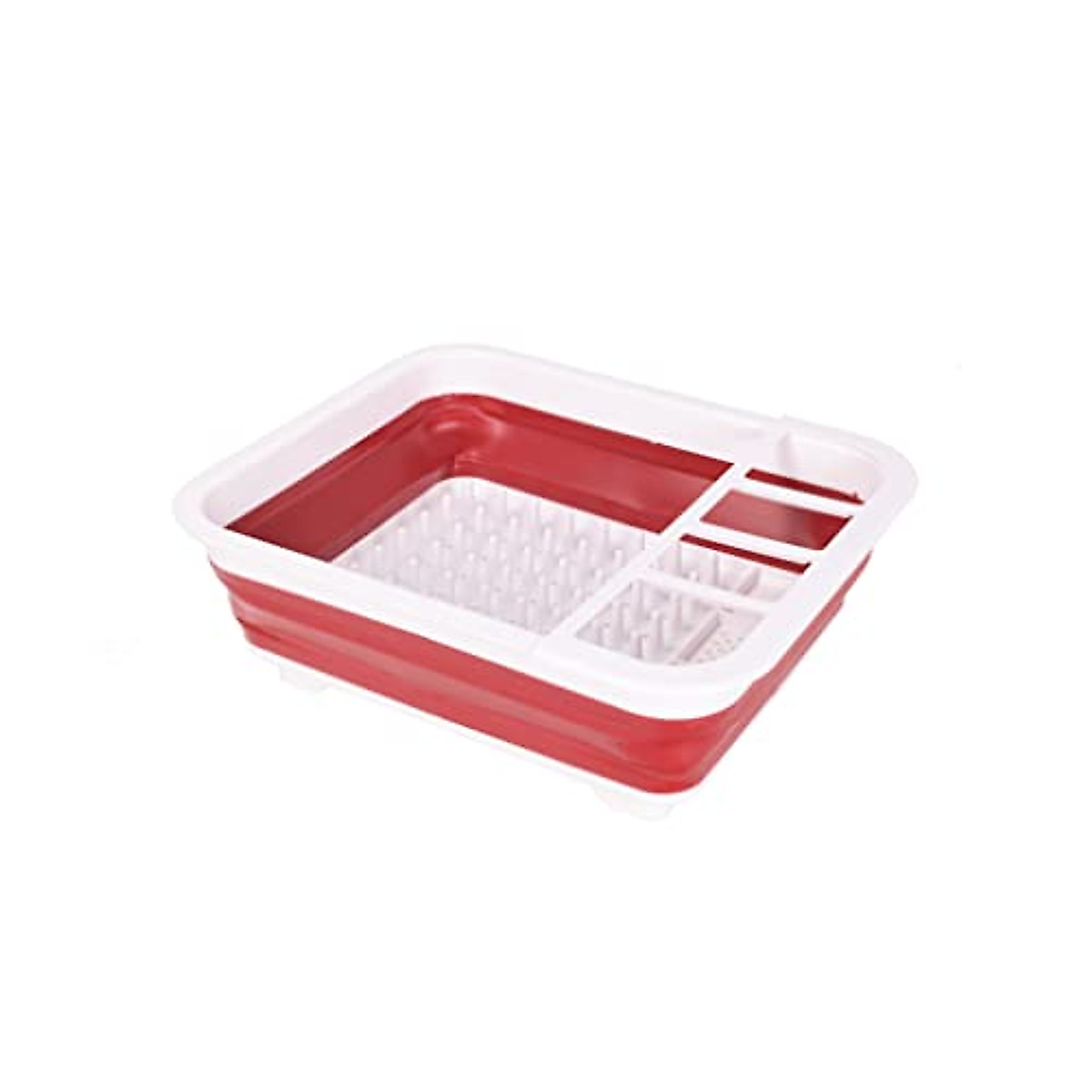 J&V TEXTILES Collapsible Dish Drying Rack - Popup for Easy Storage, Drain Water Directly into The Sink, Room for Eight Large Plates, Sectional Cutlery and Utensil Compartment, Compact (Red)