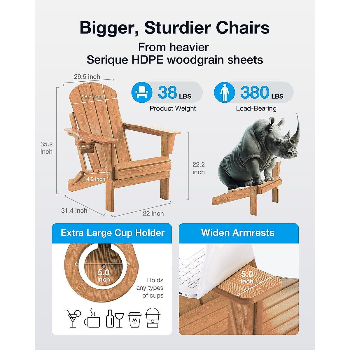 Serique Folding Adirondack Chair, Patio Chair Wood Texture, Outdoor Chair Weather Resistant, Lawn Chair with Cup Holder, Fire Pit Chair for Deck, Outdoor, Porch, Backyard, Garden (Teak)