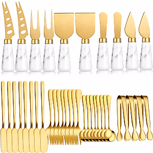 38 Pieces Gold Cheese Knife Set Marble Handle Butter Spatula Knives Cheese Spreader Cutter Cheese Shaver and Fork with Mini Serving Tongs Spoons and Fruit Forks for Charcuterie Board Accessories