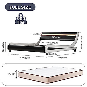 TTVIEW Low Profile Full Size LED Bed Frame with Adjustable Headboard, Modern Upholstered Platform Bed with Wood Slats Support, No Box Spring Needed, Black+White