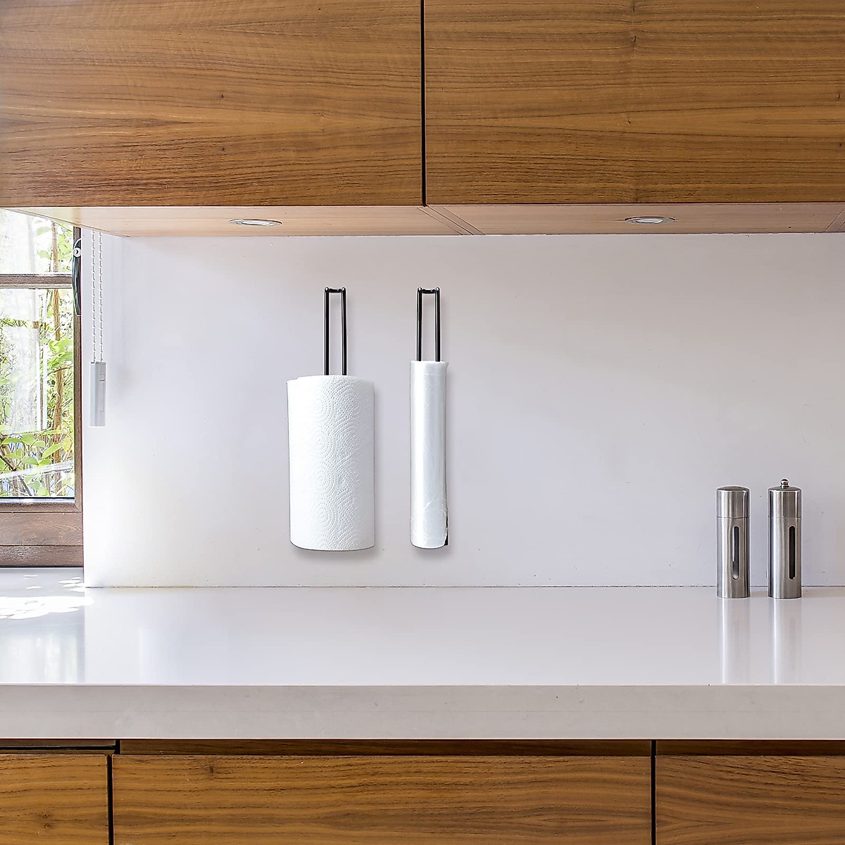 2 Pack Paper Towel Holder Under Cabinet, Black Wall Mount Metal Paper Towel Rack Fits Standard Size Paper Rolls for Kitchen, Bathroom, Garage