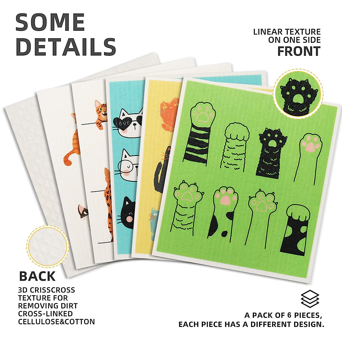 Whaline 6 Pack Cat Dishcloths Reusable Washable Mixed Cat Swedish Towels Cotton Absorbent Cleaning Cloth Hand Towels Decoration for Kitchen Towel Home Clean Bathroom Office Kitchen Gifts