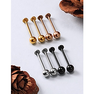 Kridzisw 14G Cheek Tongue Piercing Jewelry Flat Back Cheek Dimple Tongue Rings Stainless Surgical Steel Long Bar Ashley Lip Labret Rings Stud Piercing Jewelry Women Men 16mm Silver Black Rose Gold