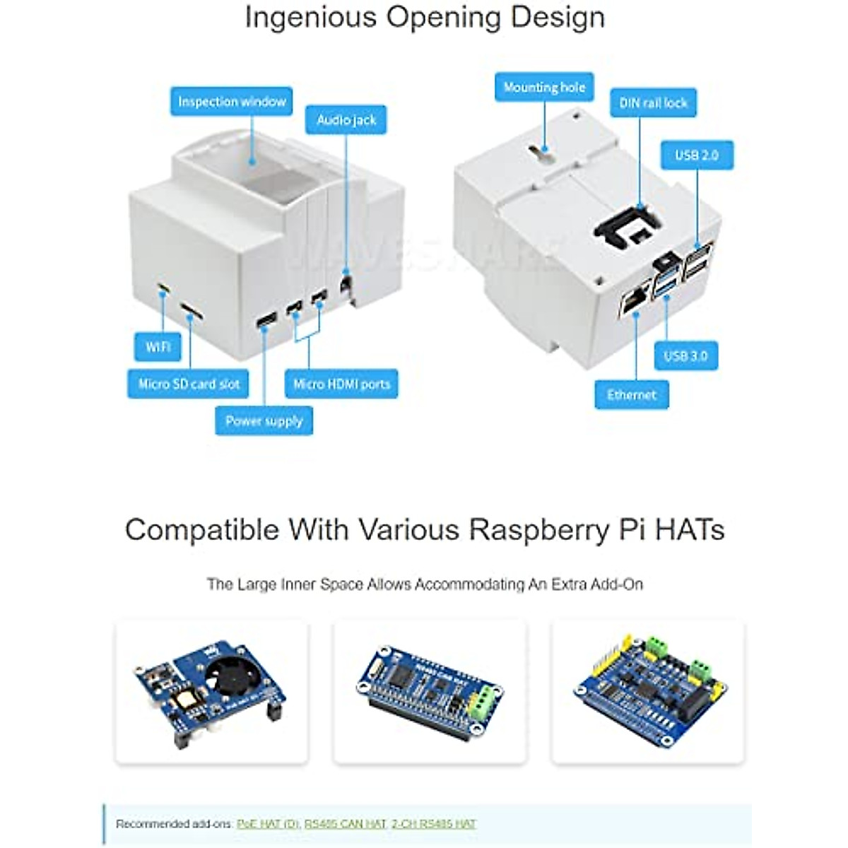 Waveshare DIN Rail ABS Case for Raspberry Pi 4 Large Inner Space Injection Moduling