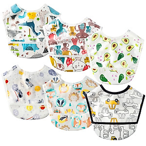 2ooya 6 Pcs Baby Feeding Bibs Toddler Waterproof Bib Set with Crumb Catcher Pocket Infant Adjustable Baby Teething Bib Babies Food Bibs Keepsake Gift for Baby Shower Christmas New Year, 6-12 Months