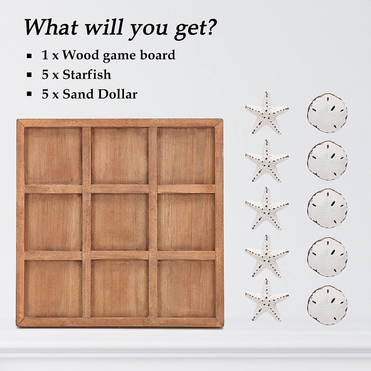 NIKKY HOME Beach Tic Tac Toe for Fun Starfish Sand Dollar Coastal House Coffee Table Decor Wood Board Travel Game, 8.97 by 8.97-in Distressed White