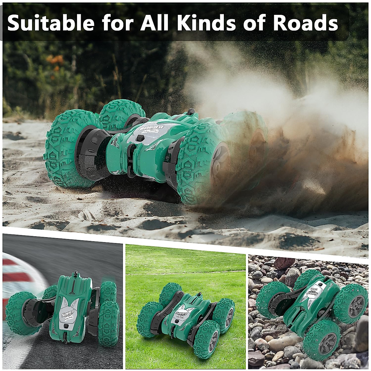 AFUNX Remote Control Car, RC Stunt Double Sided 360° Rolling Rotating Rotation Cars, High Speed Off Road Racing Truck for 6 7 8-12 Year Old Boy Kids Toy (Green)