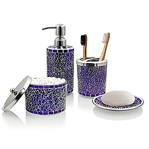 LushAccents Bathroom Accessories Set, 5-Piece Decorative Glass Bathroom Accessories Set, Soap Dispenser, Soap Tray, Vanity Tray, Jar, Toothbrush Holder, Elegant Lavender Mosaic Glass