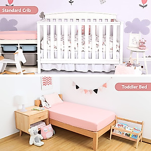 TILLYOU Fitted Crib Sheets - 100% Cotton Fitted Sheets for Standard Crib Mattress, Toddler Bed Mattress Fitted Sheets 2 Pack, Machine Washable, 28”x52”, Pink&Floral Flowers