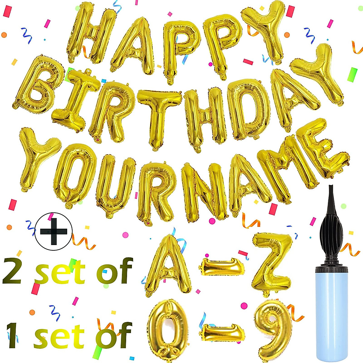 76pcs Happy Birthday Balloon Banner, Gold Balloons Letters, Personalized 16" Mylar Foil Birthday Decorations includes 2 Sets A- Z, 1 set Number 0-9 and "HAPPY BIRTHDAY" letters (with Balloon Pump)