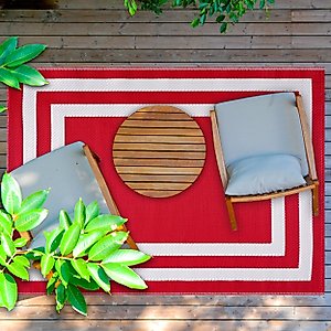 Outdoor Rug - Crease-Free Recycled Plastic Floor Mat for Patio, Camping, Beach, Balcony, Porch, Deck - Weather, Water, Stain, Lightweight, Fade and UV Resistant - Paris- Red & White (6'x9')
