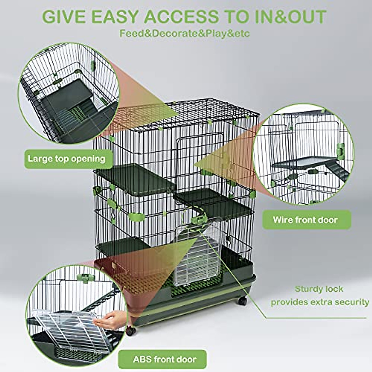 Origeture 4-Level 32" Metal Small Animal Cage Height Adjustable Rabbit Chinchilla Ferret Bunny Cage with Lockable Casters Grilles Slide-Out Tray for Guinea Pig Squirrel Hedgehog (Green)